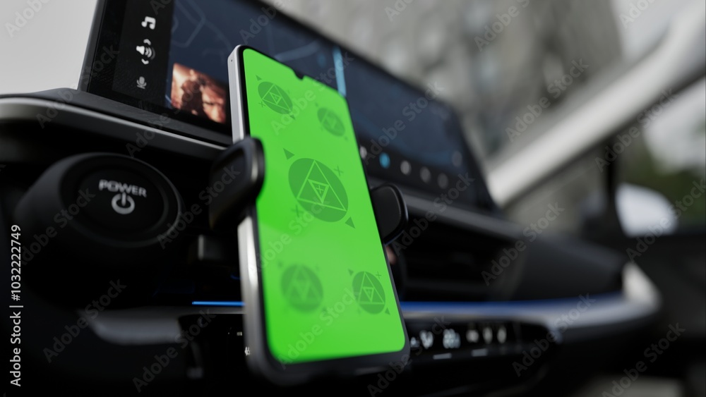 GREEN SCREEN CHROMA KEY A phone mounted on a car dashboard with a green ...