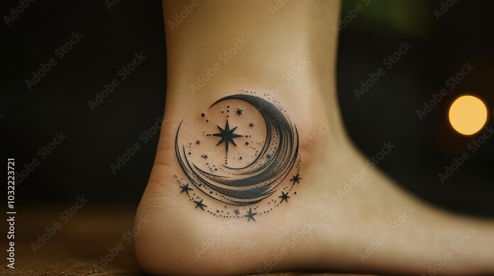 Simple wave on the ankle with a solid black star, taken from a side ...