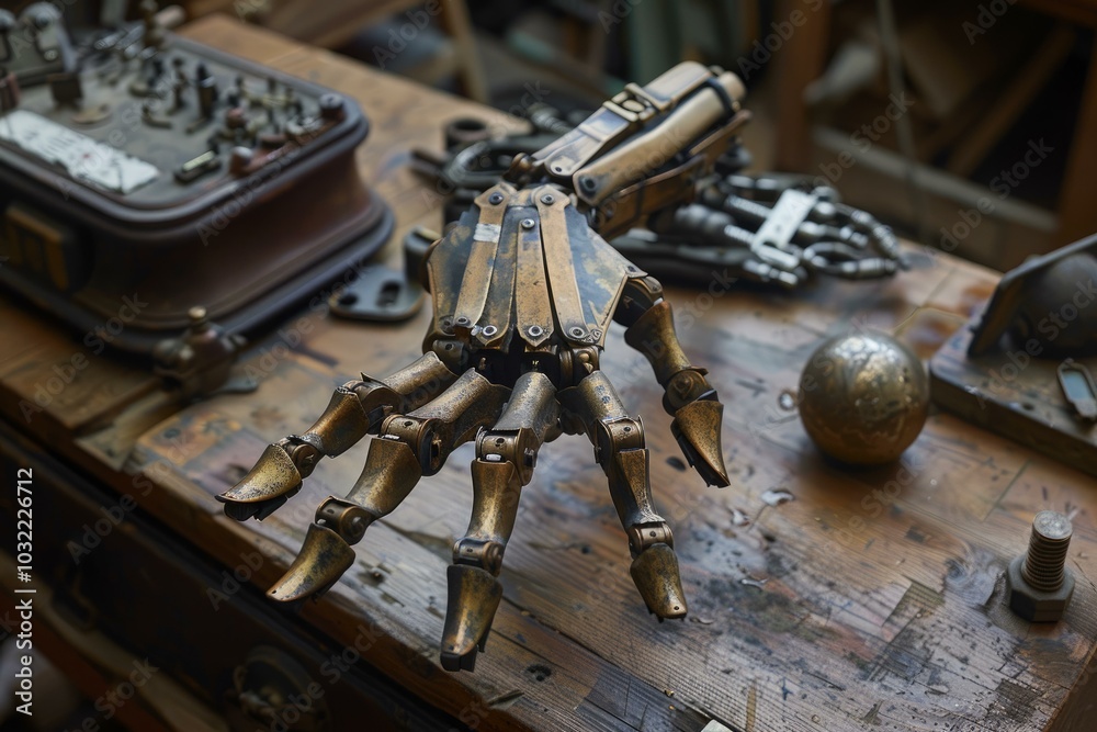 Mechanical prosthetic hand with exposed gears and joints rests on a ...