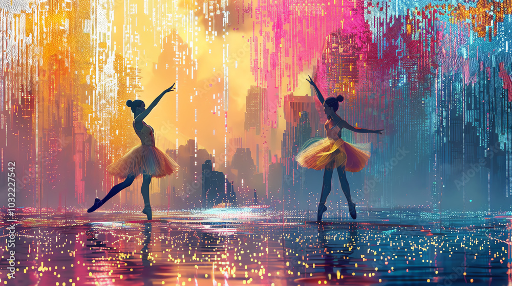 Incorporate the elegance of ballet dancers into a pixel art landscape ...