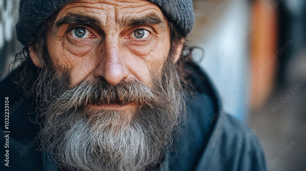 Poor homeless man with bearded face looking at camera outdoors | Social ...