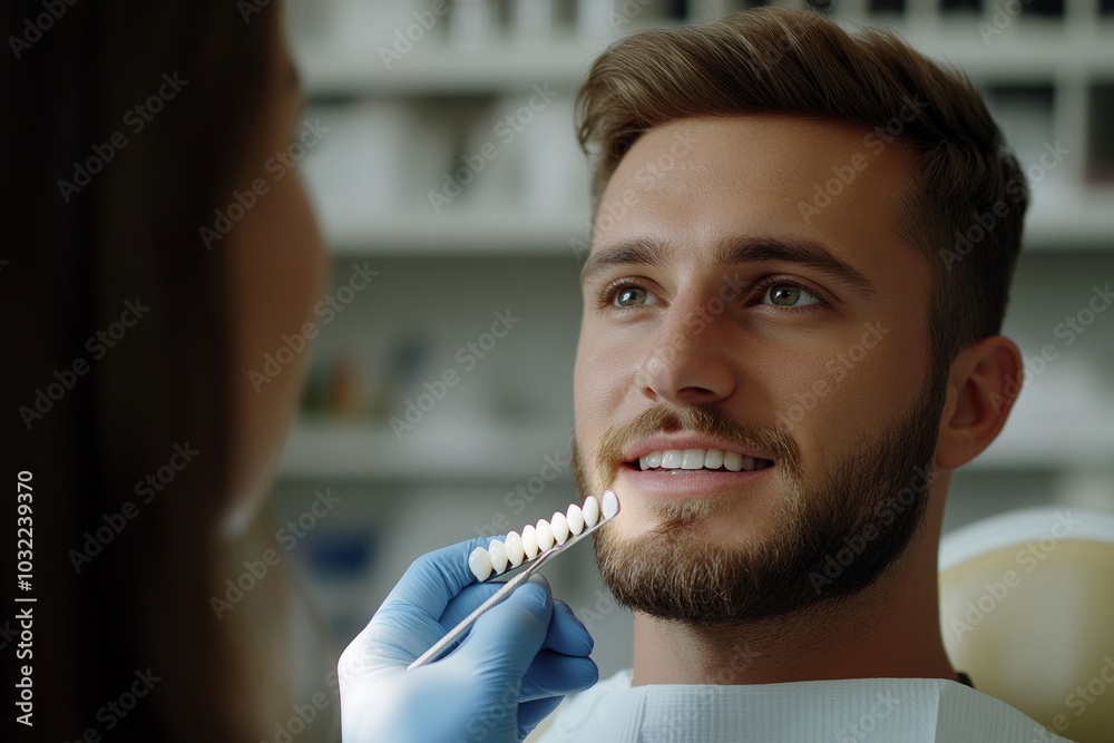 Professional female dentist checking on male patient teeth color, using ...