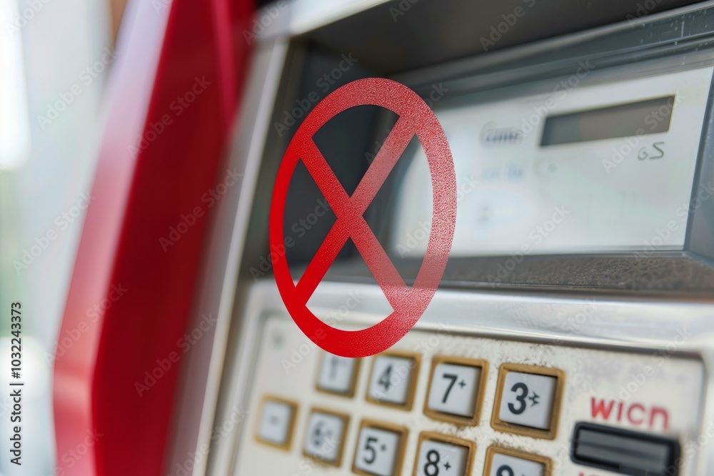 Red forbidden symbol covering buttons of a public pay phone that is out ...