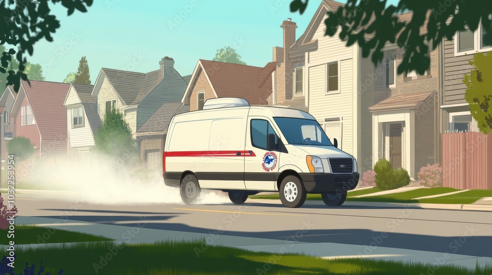 Cartoon-style pest control van driving through a neighborhood, spraying ...