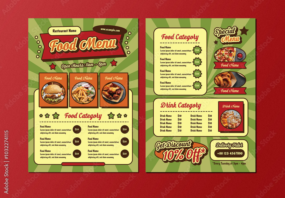 Green Bold Retro 70s Food Menu Layout Stock Template | Adobe Stock