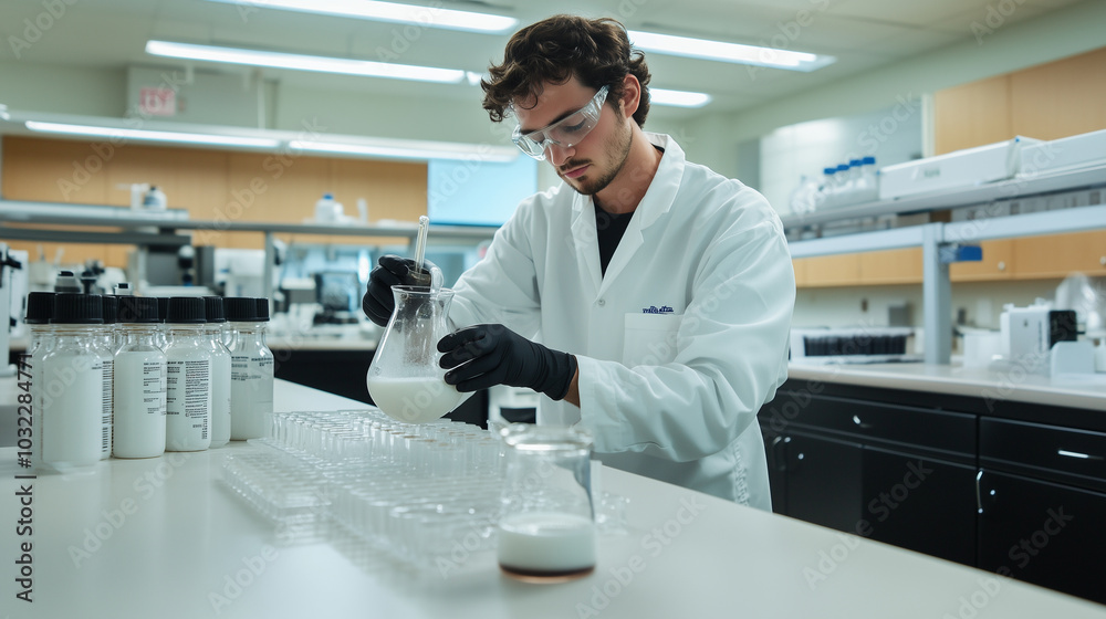 In a state-of-the-art laboratory, a researcher carefully pours a milk ...