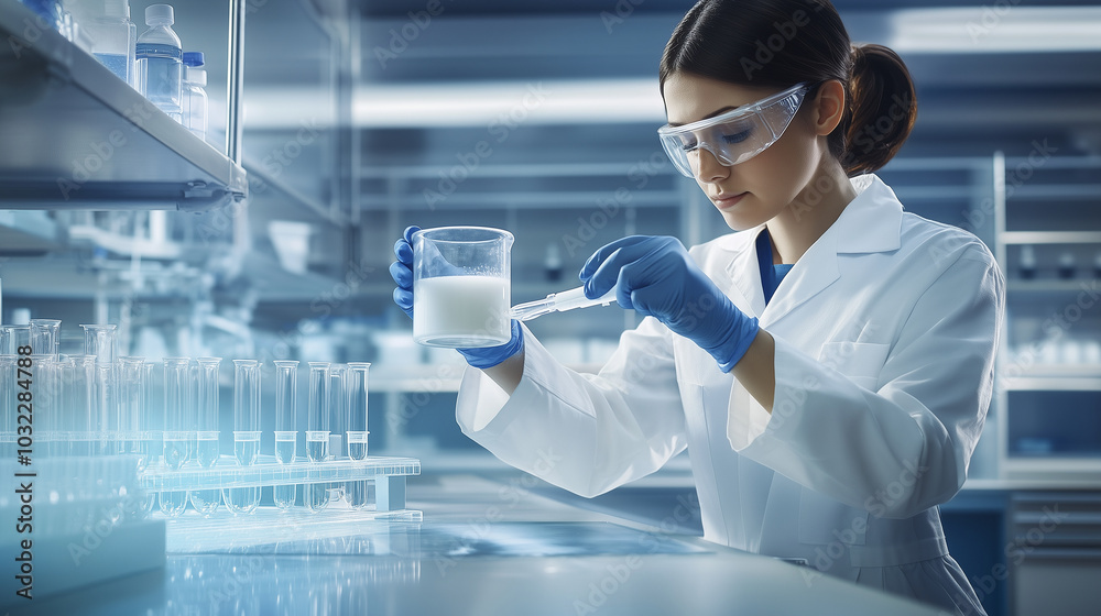 In a state-of-the-art laboratory, a researcher carefully pours a milk ...