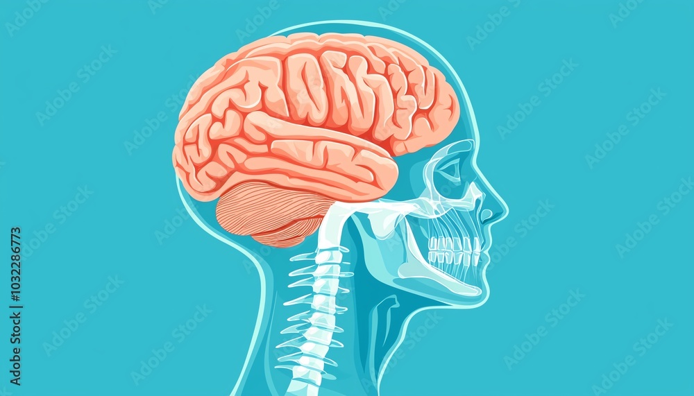 Anatomical illustration of the human brain and skull on a teal ...