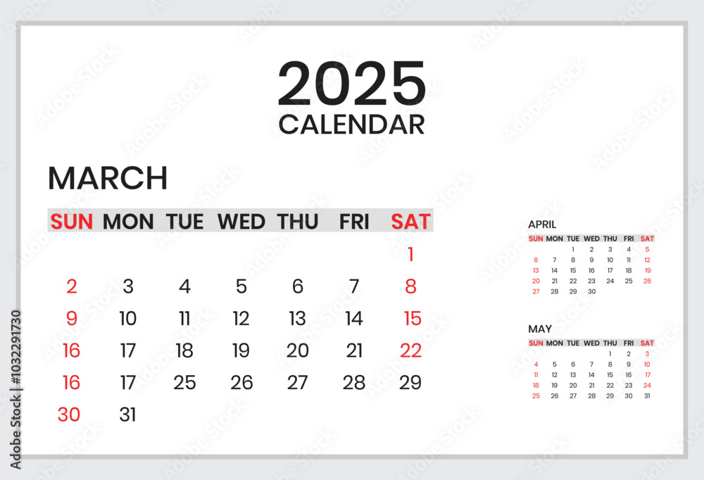 March 2025 calendar design print template. Vector illustration. Planer ...