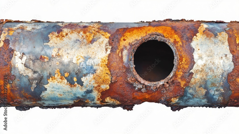 Cross-section of a corroded pipe with rust and mineral buildup on the ...