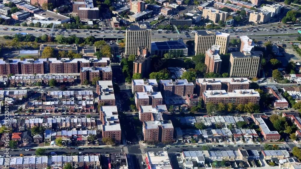 An aerial view of an apartment housing complex in Flushing, Queens, as ...
