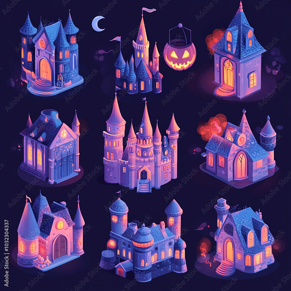 Magic castle halloween set isometric vector flat isolated illustration ...
