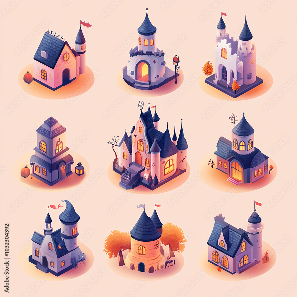 Magic castle halloween set isometric vector flat isolated illustration ...