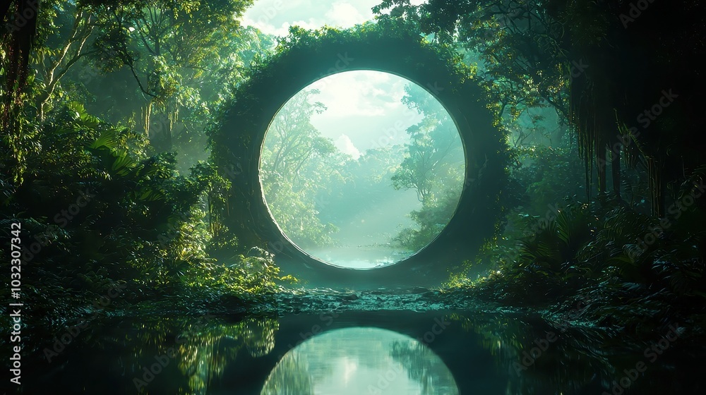Raster illustration of a magical portal in a clearing in the forest ...