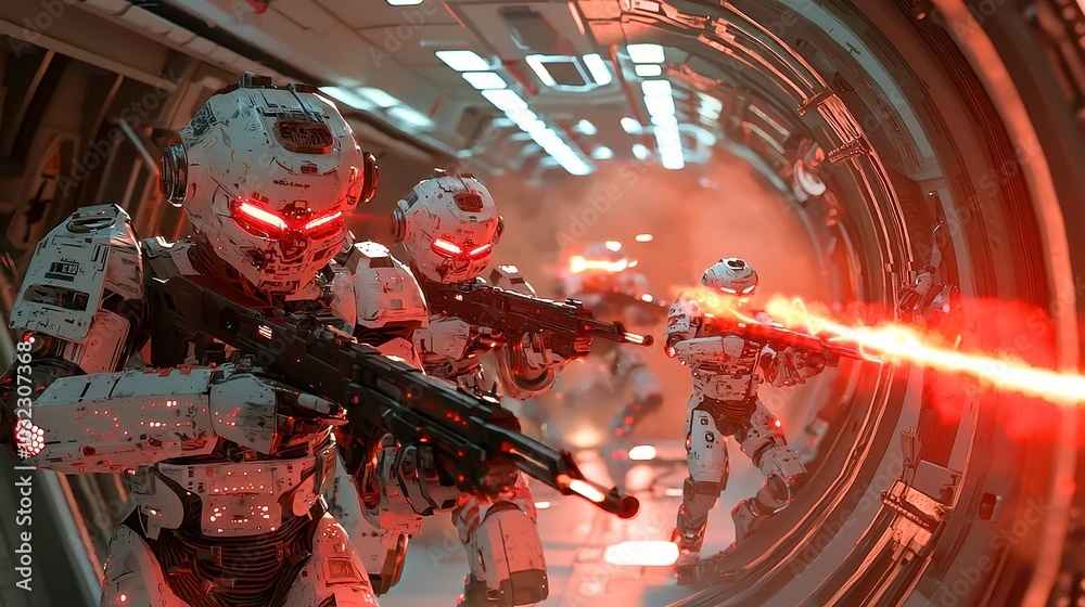 Robot patrol attacks / 3D illustration of science fiction scene with ...