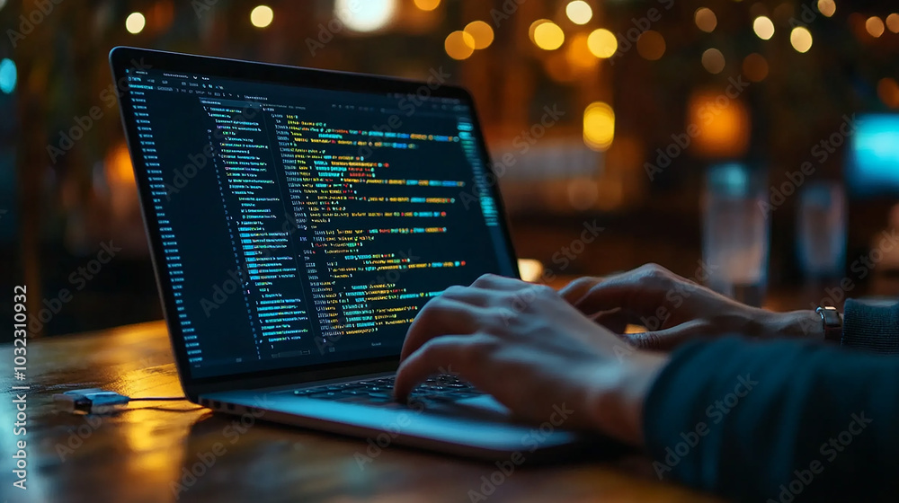 Software developer, coder immersed in coding, working on laptop. Innovation driving forward ...