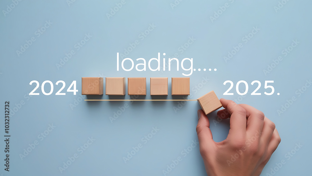 2025 loading, 2024 to 2025 loading wooden bar. A hand places wooden ...