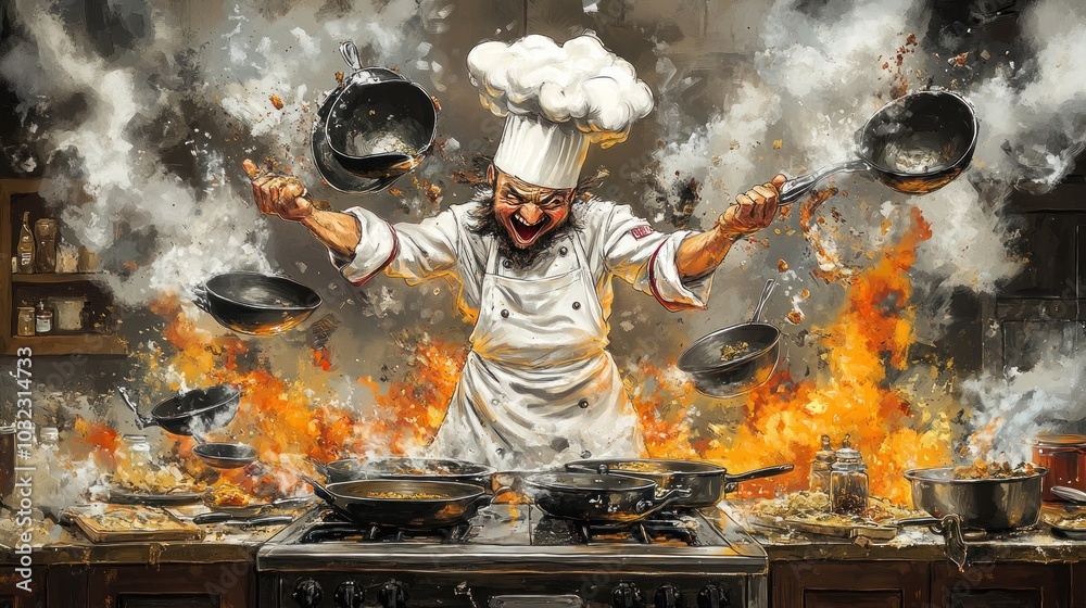 A chef throws cooking utensils in the air in a chaotic kitchen scene ...