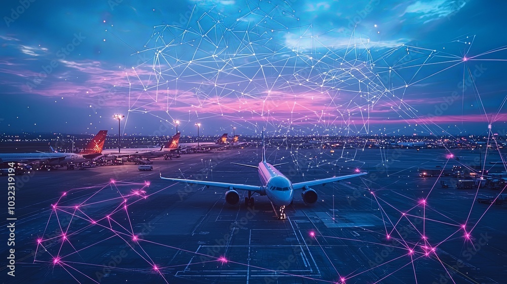 An aircraft is featured at an airport with a vibrant sky filled with ...