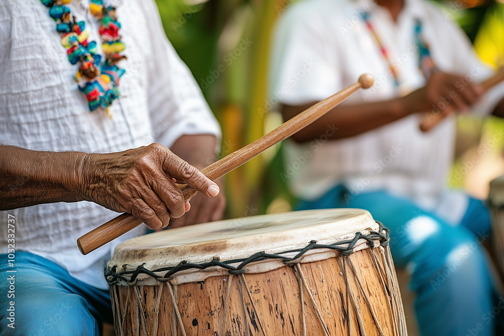 Primer plano de un tambor tradicional en manos de músicos panameños ...