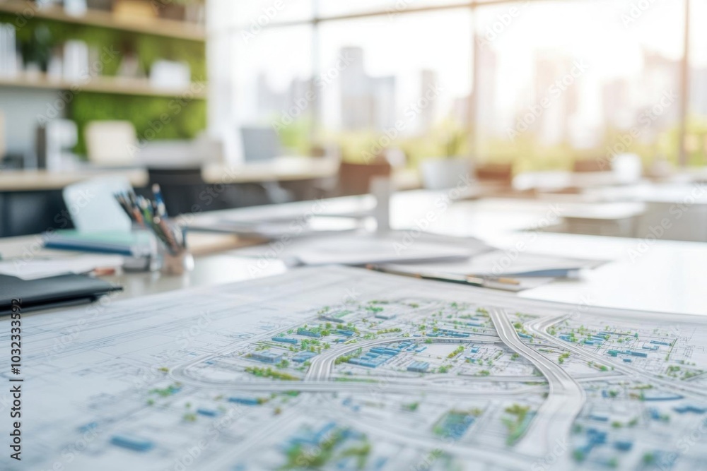Urban planning meeting with blueprints of city development, roads and ...