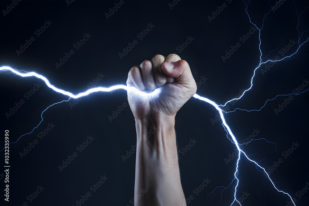 Clenched fist gripping glowing lightning bolt, intense energy and power ...