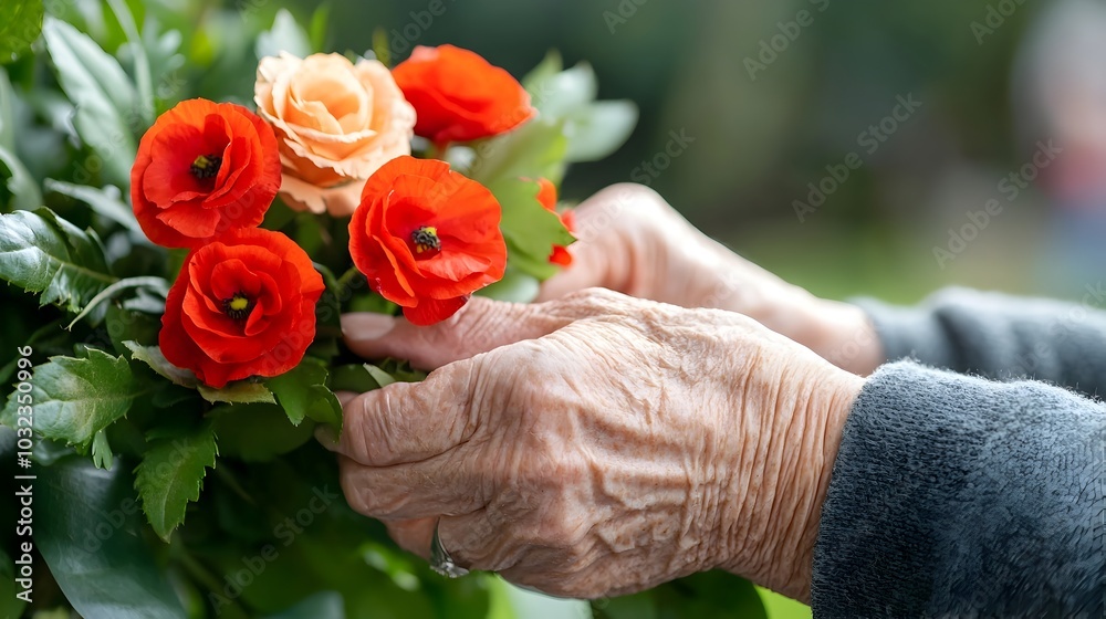 Veteran solemnly placing poppy flowers on a war monument during a ...