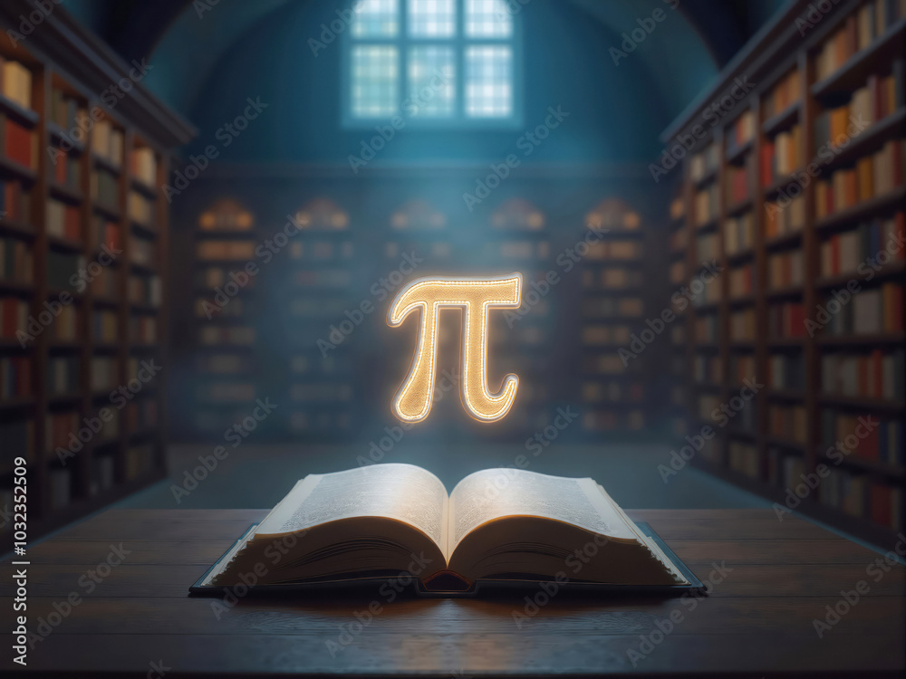 Open book illuminating the mathematical constant pi symbol in the ...