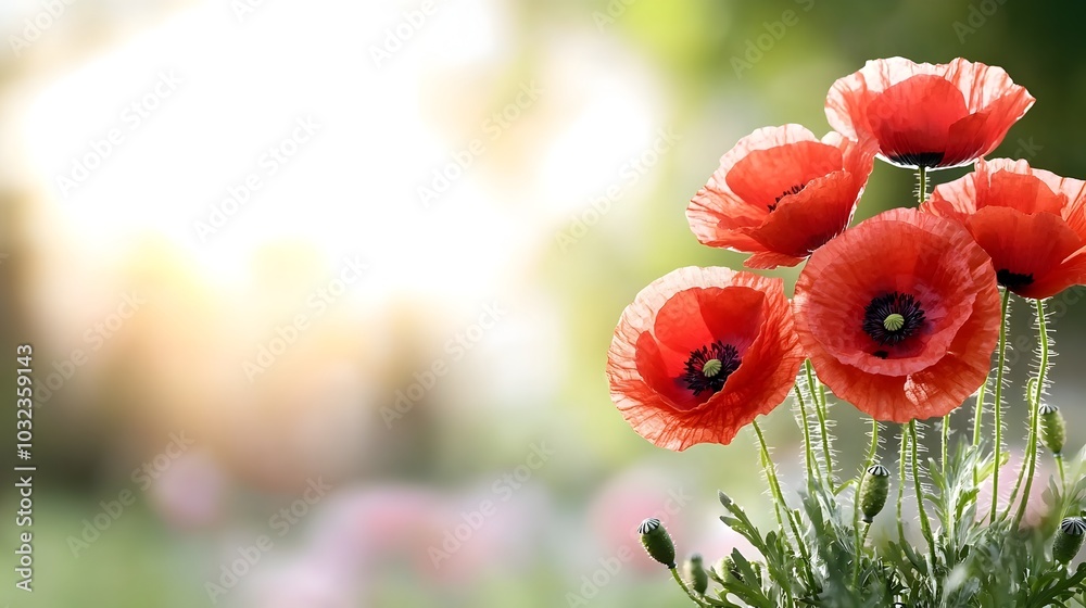 Rows of vibrant red poppy flowers arranged in a serene memorial garden ...