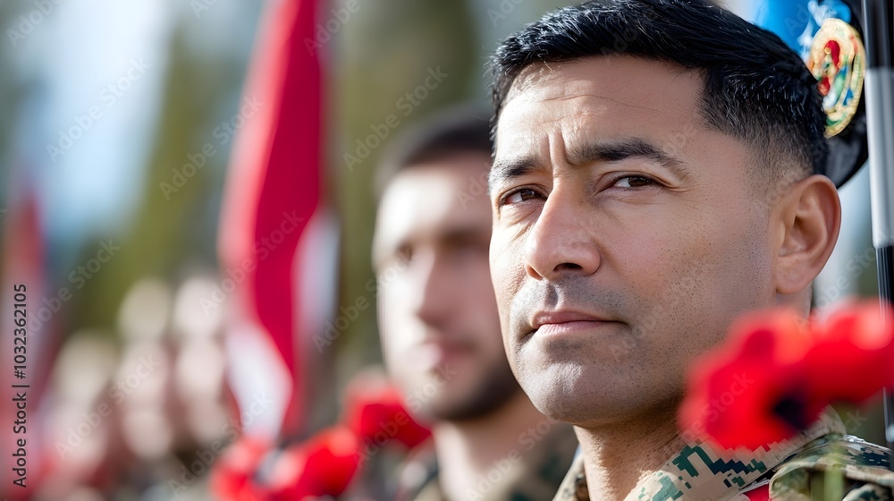 Soldiers in uniform solemnly saluting during a military remembrance ...