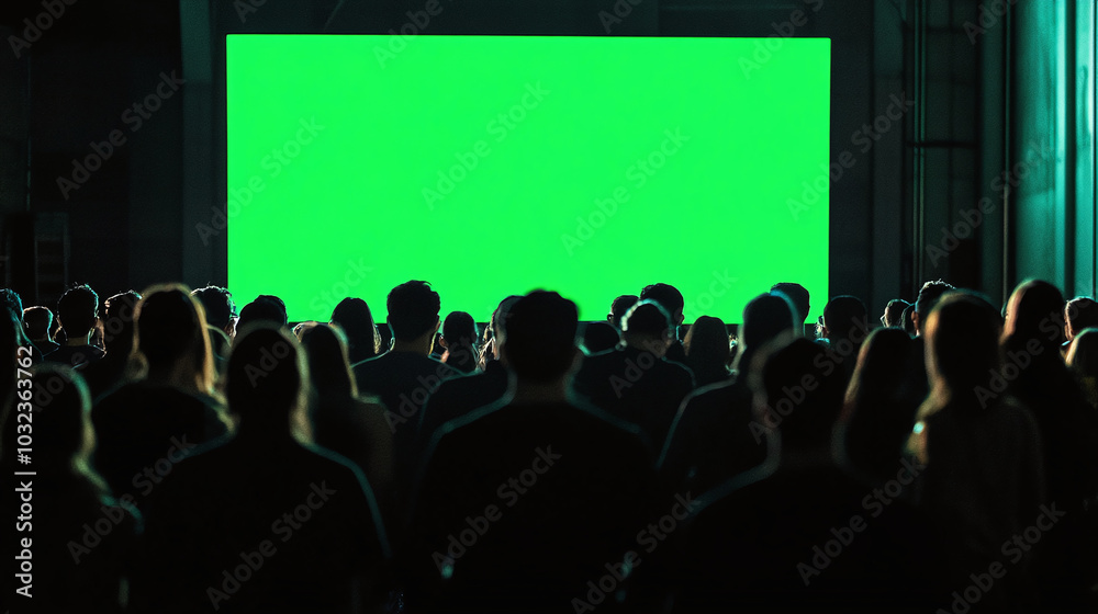 3d realistic render of a crowd looking to big huge green screen monitor ...
