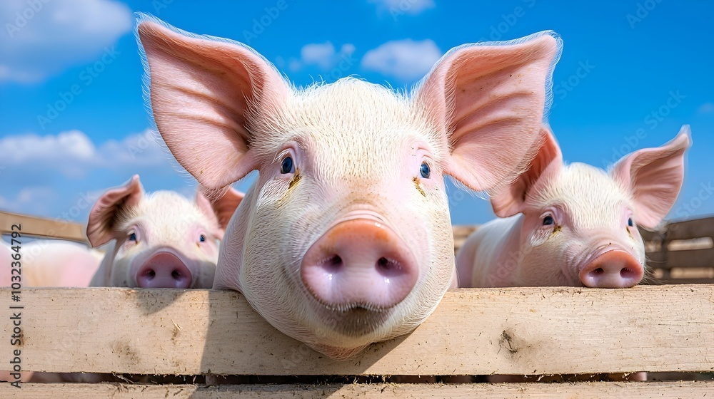 Adorable Piglets Feeding Together in a Well Maintained Rural Pigpen A ...