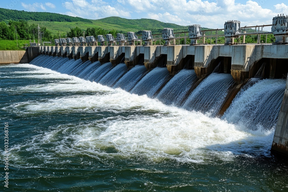 Water rushing through gates at a hydroelectric dam power plant Stock ...
