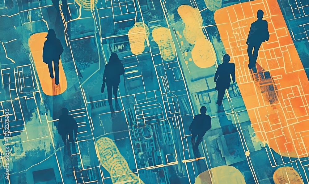 Geolocation Tracking: Illustration of a map with digital footprints ...