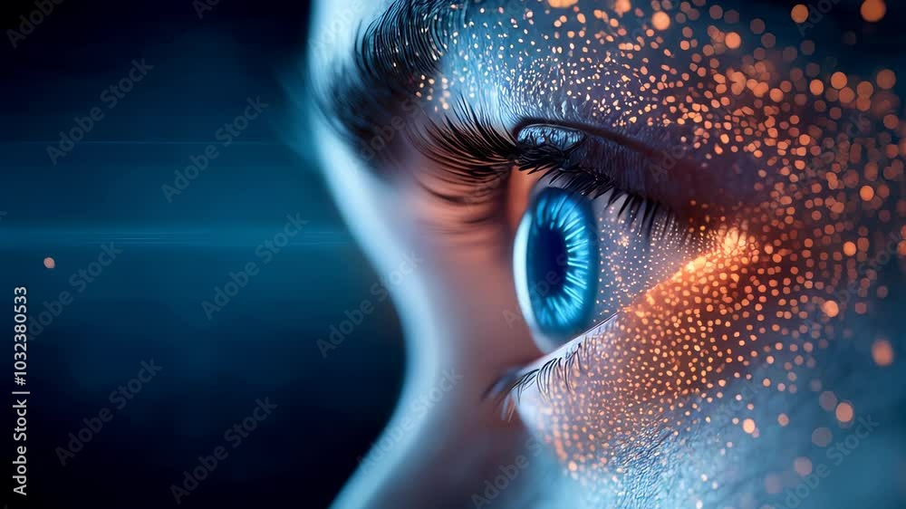 Close Up of Human Eye Glowing Blue Particles and Futuristic Details ...
