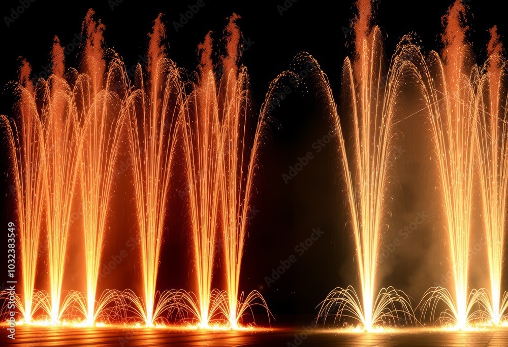 Quadruple break vertical fountains Ground based fireworks that e Stock ...