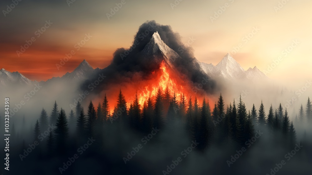 Wildfire raging through a remote mountain forest fiery red and orange ...