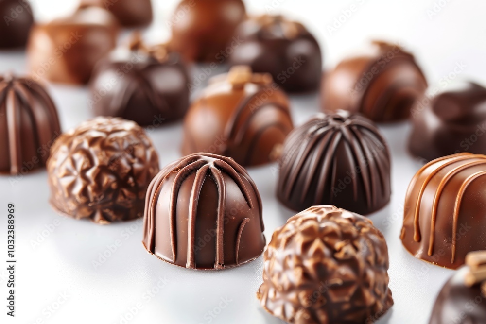 Assorted filled chocolate candies on a white background, with full ...