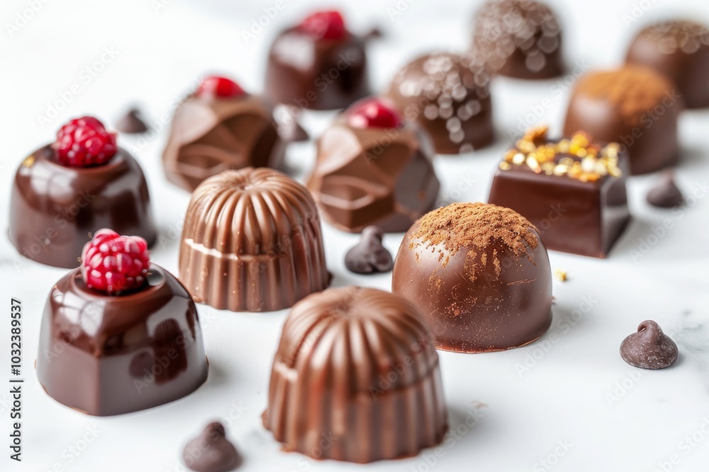 Assorted filled chocolate candies on a white background, with full ...