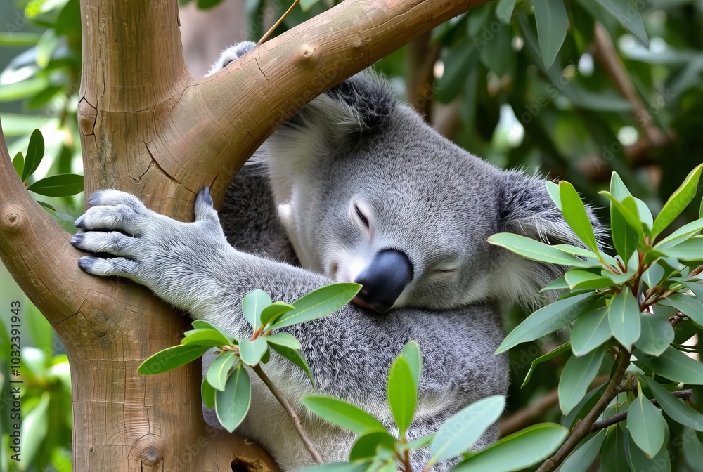 _. Koala Napping A sleepy koala clinging to a eucalyptus tree br Stock ...