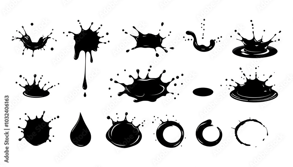 Water splash silhouettes. Black liquid shapes, ink drops, falling ...