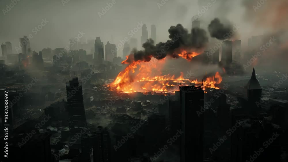 Ravaged city landscape with burning buildings and dense smoke ...