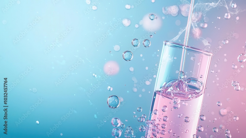 Test tube filled with reactive liquids, tiny bubbles rising to the ...