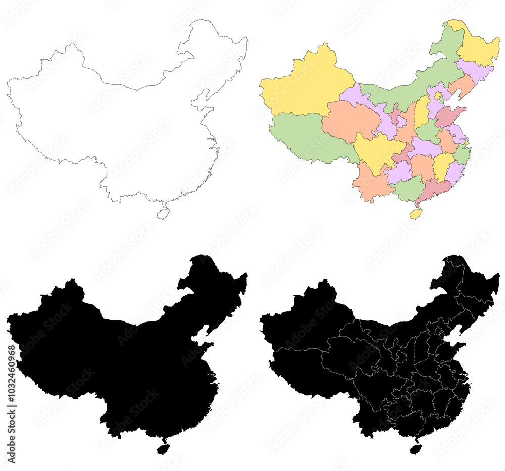 China administrative map, China outline and provinces country map set ...