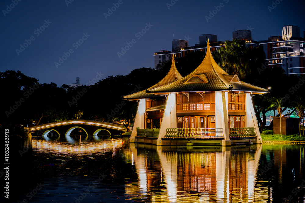 Taiwan October 15, 2024: Night view of Taichung Park, the oldest urban ...