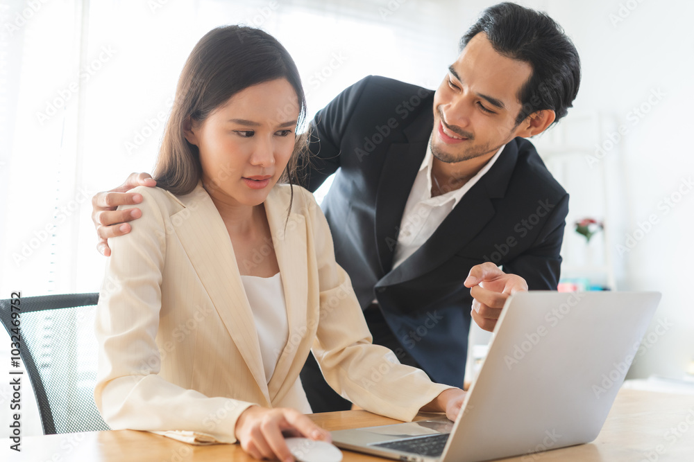 Disgusted asian young employee, pressure business woman uncomfortable ...