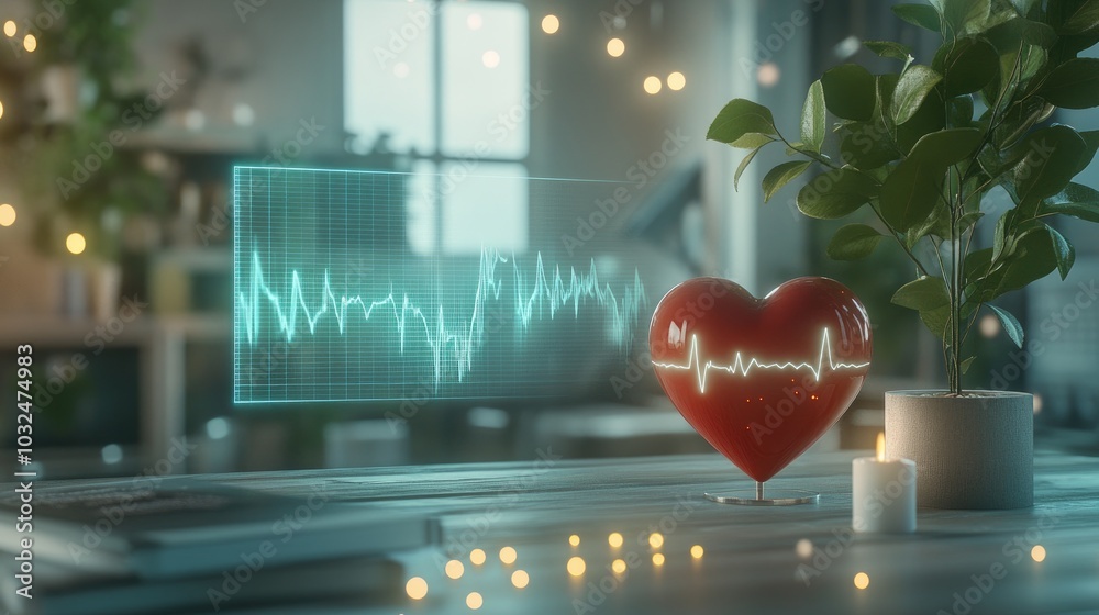 A detailed heart model with an ECG graph in the background, showing ...