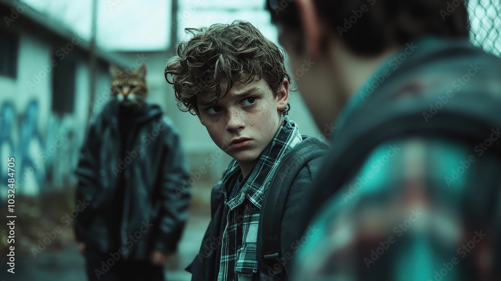 A gritty street scene shows a young boy confronting another boy, while ...