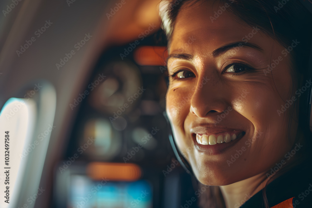 confident woman pilot smiles warmly in cockpit, showcasing her ...