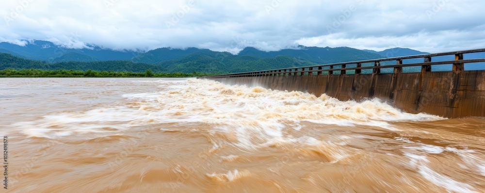 A river swollen by flash floods crashing against a dam, threatening to ...